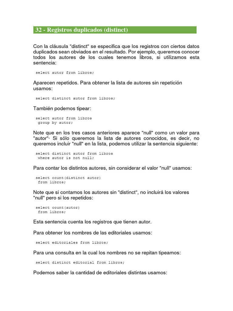 30 - Registros Duplicados (Distinct) | PDF | SQL | Software de gestión de datos