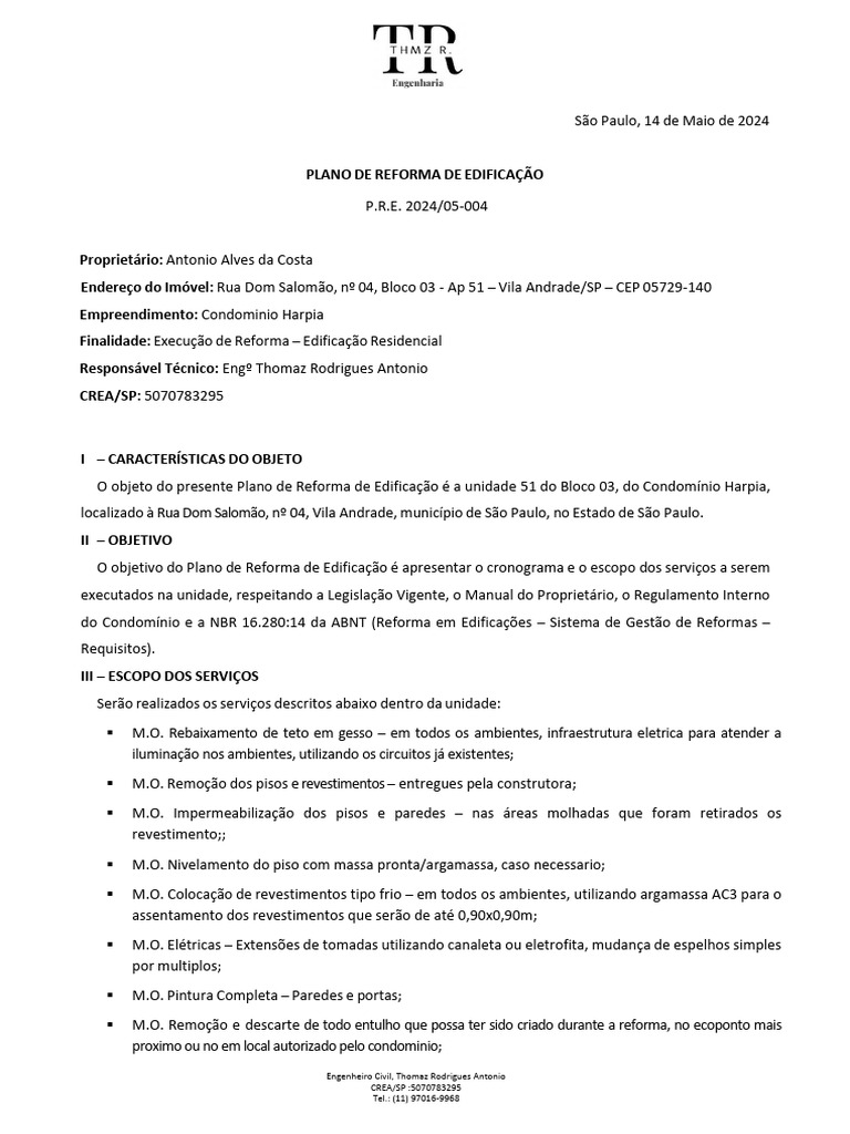 Plano de Reforma - Harpia Bloco 03 AP 51 - Antonio Alves de Costa | PDF ...