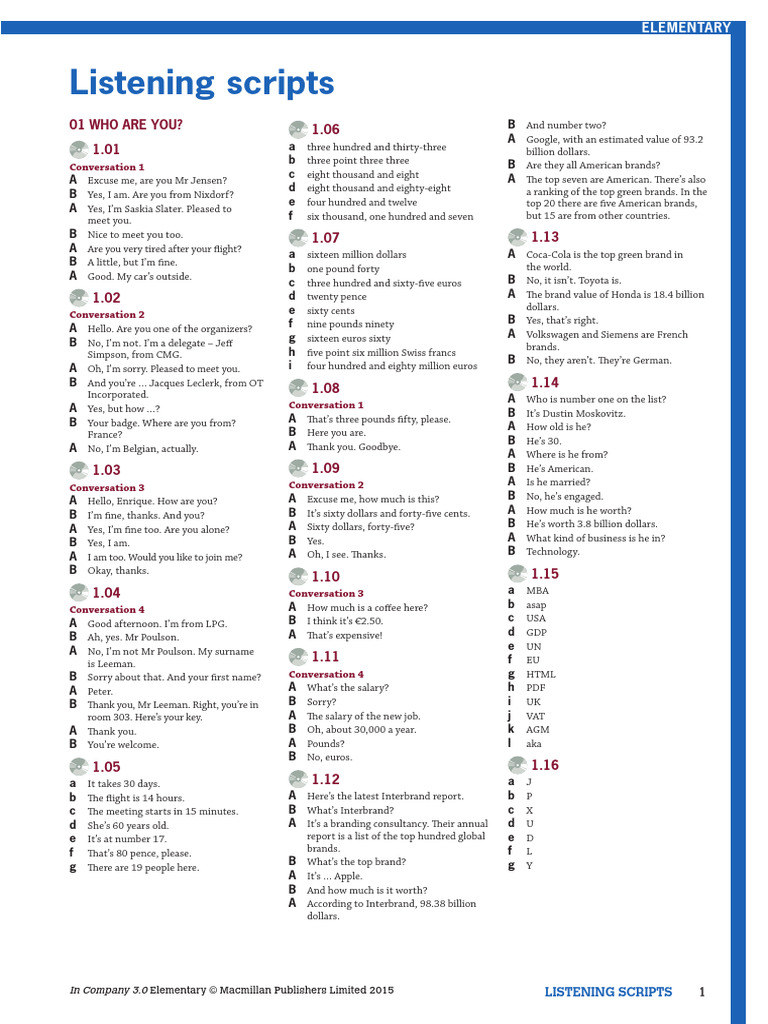 In Company 3.0 Elementary Listening Scripts | PDF | Starbucks