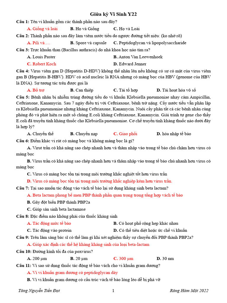 Giữa kỳ Vi Sinh Y22: Tăng Nguyễn Tiến Đạt Răng Hàm Mặt 2022 | PDF