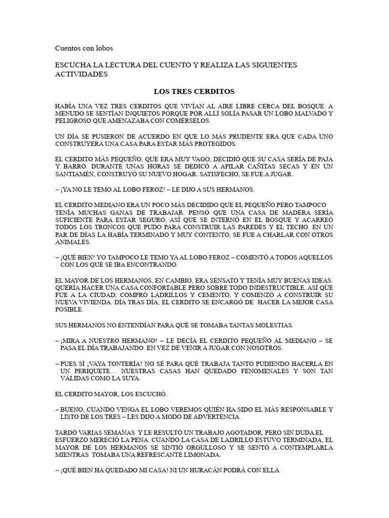 Cuento y Actividades de Los Tres Cerditos | PDF | Artes del Lenguaje y ...