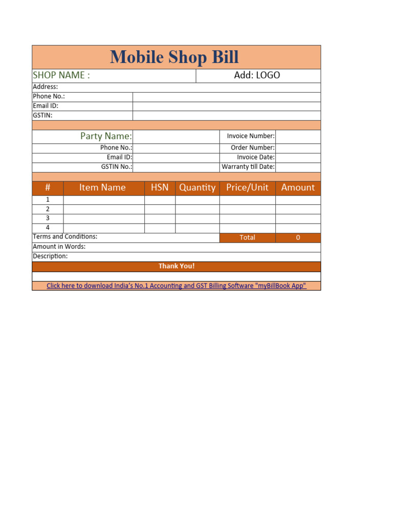 Mobile Shop Invoice Format in Excel | PDF