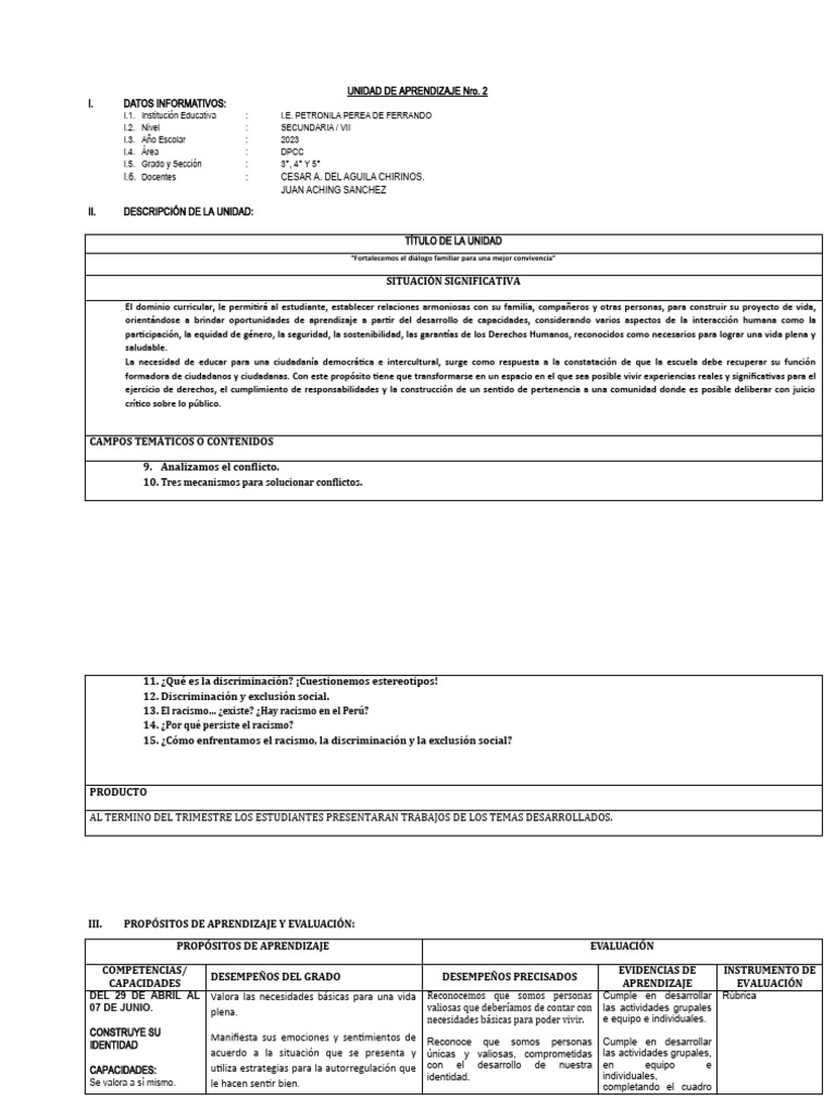 UNIDAD DE APRENDIZAJE Nro 2 20244 DPCC | PDF | Aprendizaje | Las emociones