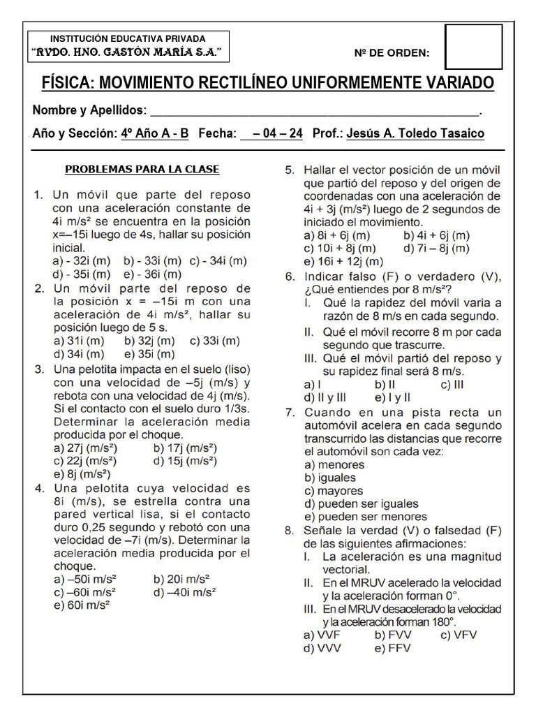 4° Año Física-Mruv-Problemas-Gm2024 | PDF