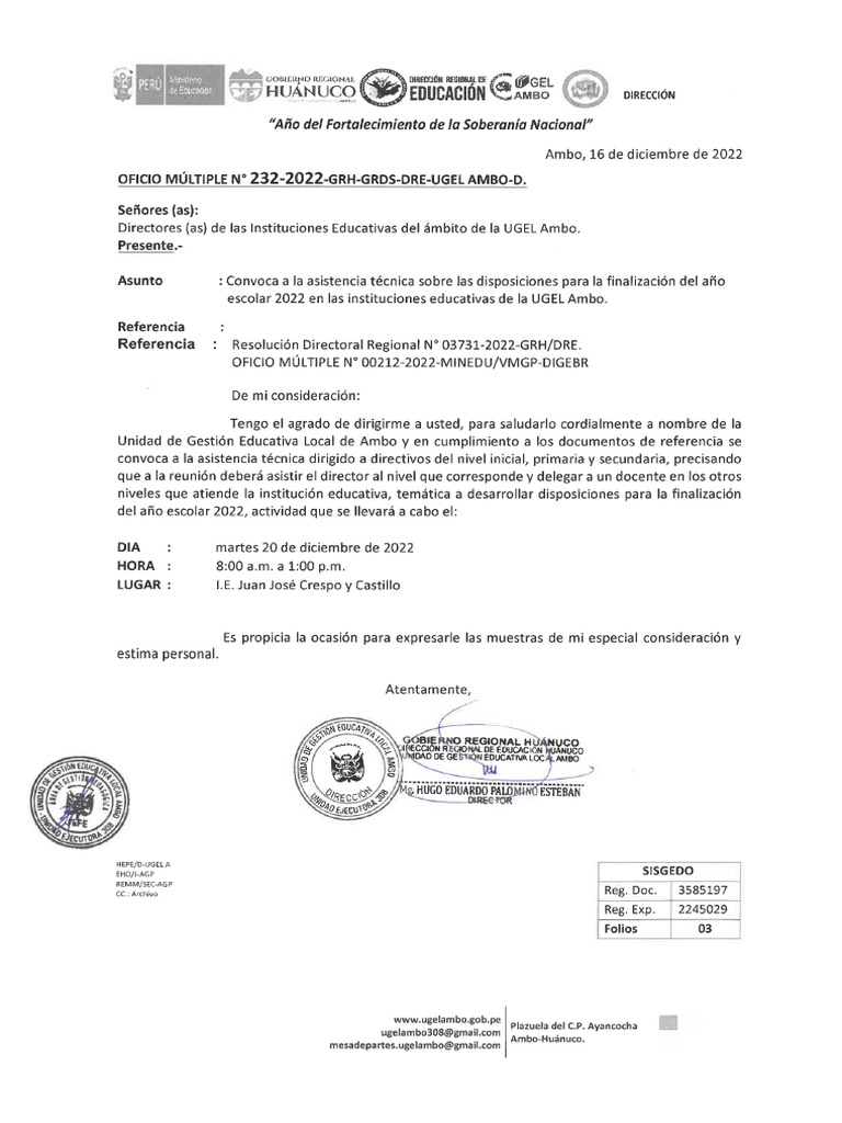 Oficio Multiple #232-2022-Grh-Grds-Dre-Ugel Ambo-D. | PDF