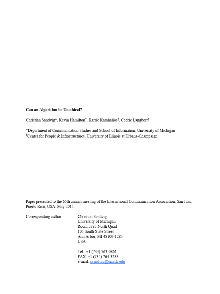 SANDVIG - Can An Algorithm Be Unethical | PDF | Algorithms | Race ...