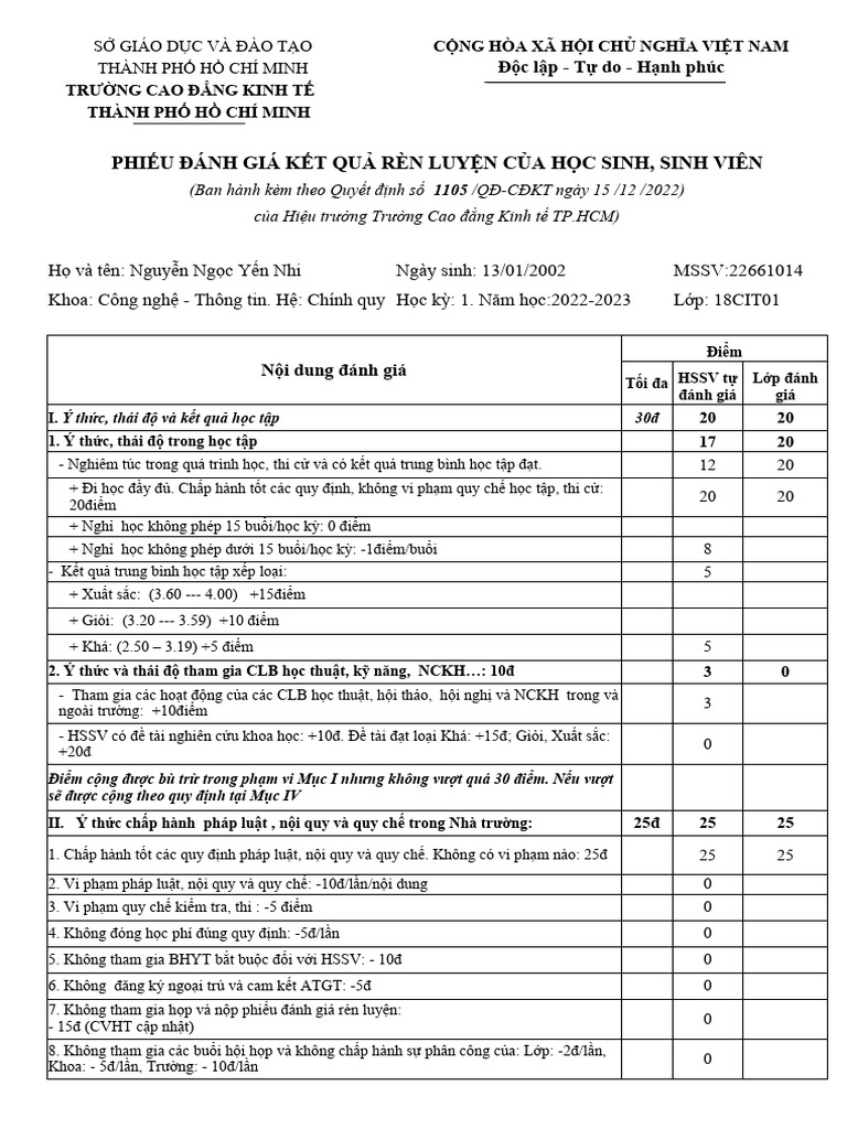 2022 - Phieu DGRL - Ma SV | PDF