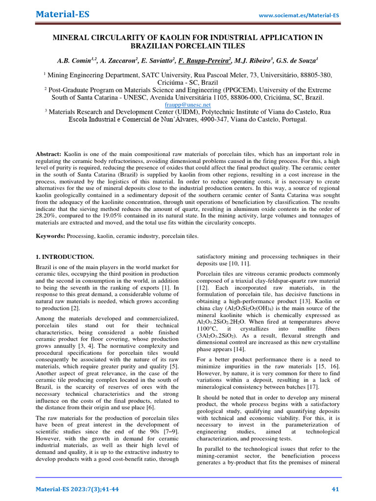Mineral Circularity of Kaolin For Industrial Application in Brazilian Porcelain Tiles | PDF ...