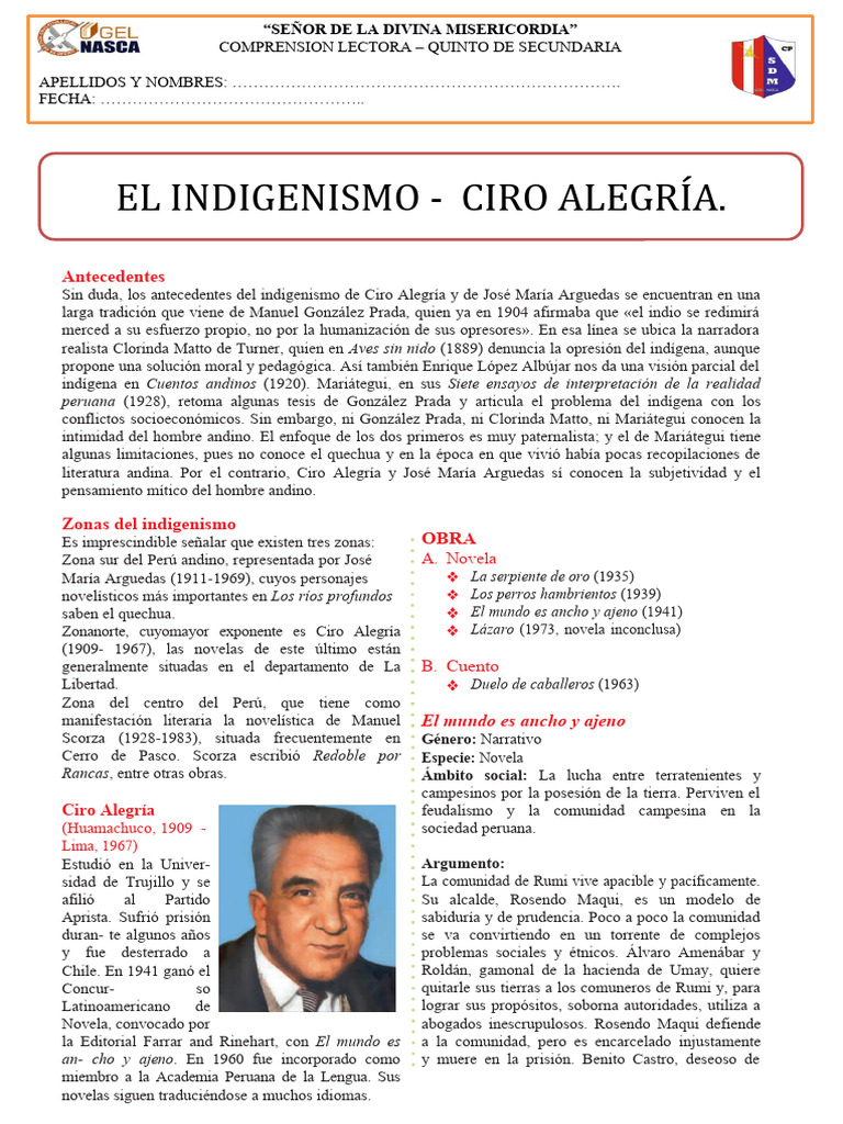 Ciro Alegria - Comprension Lectora Quinto | PDF | Perú