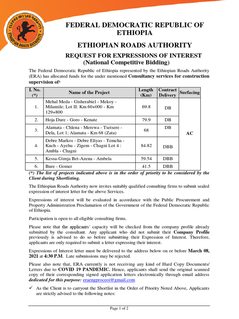EOI For Consultancy Services of 6 Projects. | PDF | Consultant | Ethiopia