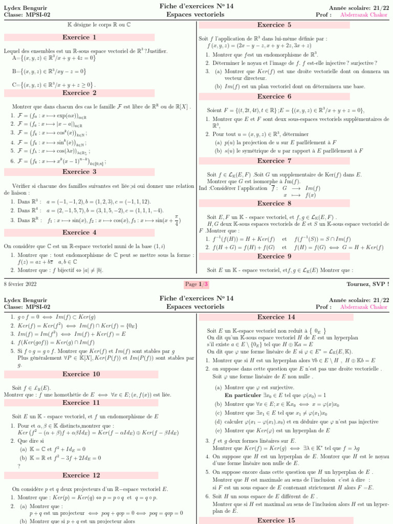 Exercices sur les espaces vectoriels MPSI | PDF | Espace vectoriel ...