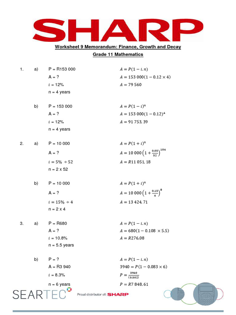 Worksheet 9 Memorandum Finance Growth and Decay Grade 11 Mathematics | PDF