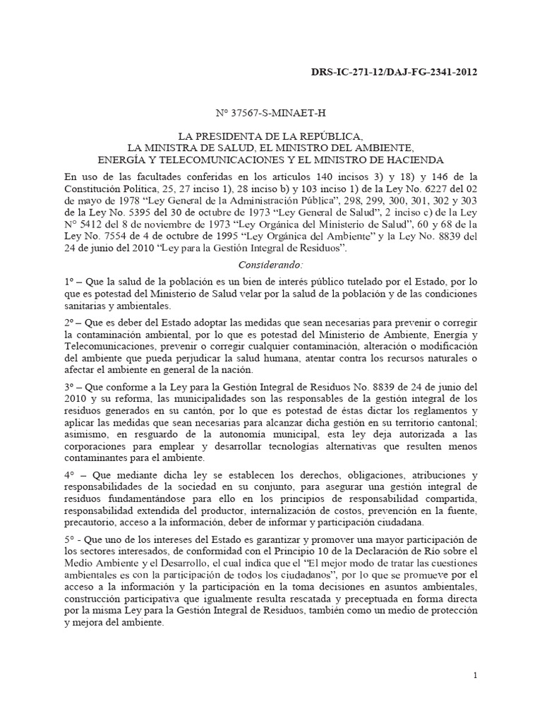 REGLAMENTO de Ley 8839 de Gestión Integral de Residuos Sólidos | PDF | Residuos | Gestión de ...