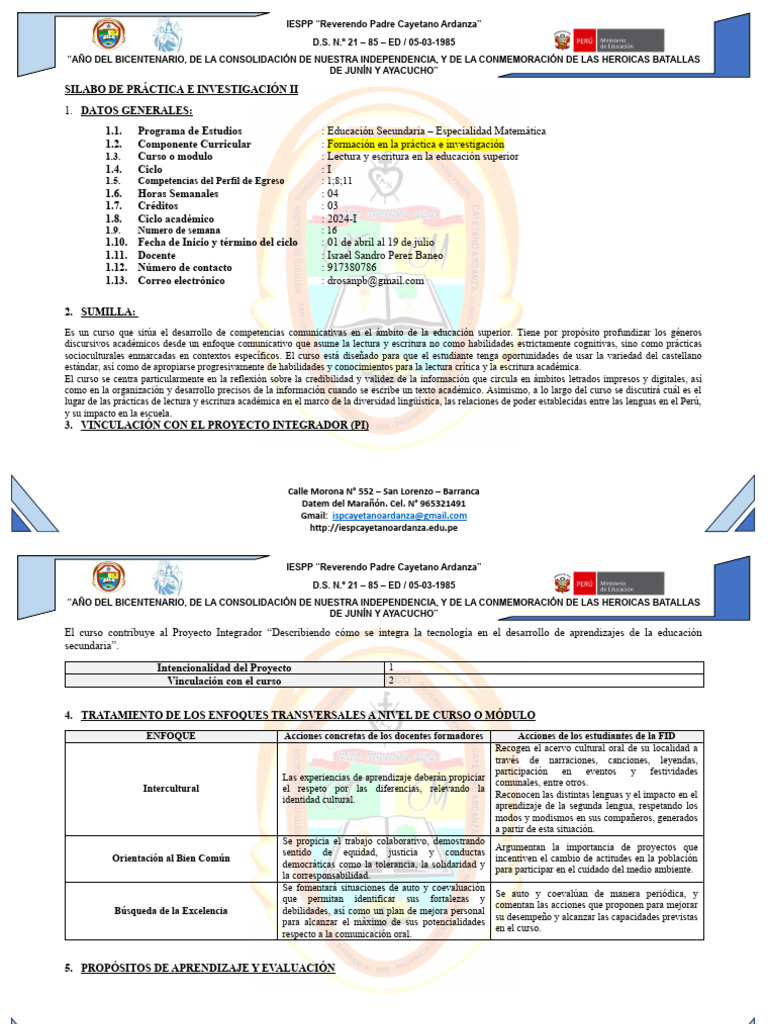 Sílabo Matemática (I) Formato 2024 - Lect y Escrit en Educ Sup | PDF | Evaluación | Plan de estudios