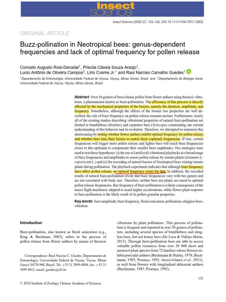 Buzz Pollination in Neotropical Bees - Genus Dependent Frequencies and ...