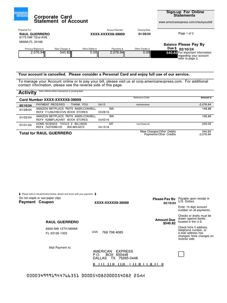 American Express statement-RAUL GUERRERO | PDF | Credit Card | Payments