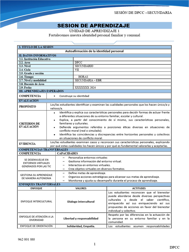 5º Ses Act 1 - DPCC 2024 | Descargar gratis PDF | Evaluación | Aprendizaje