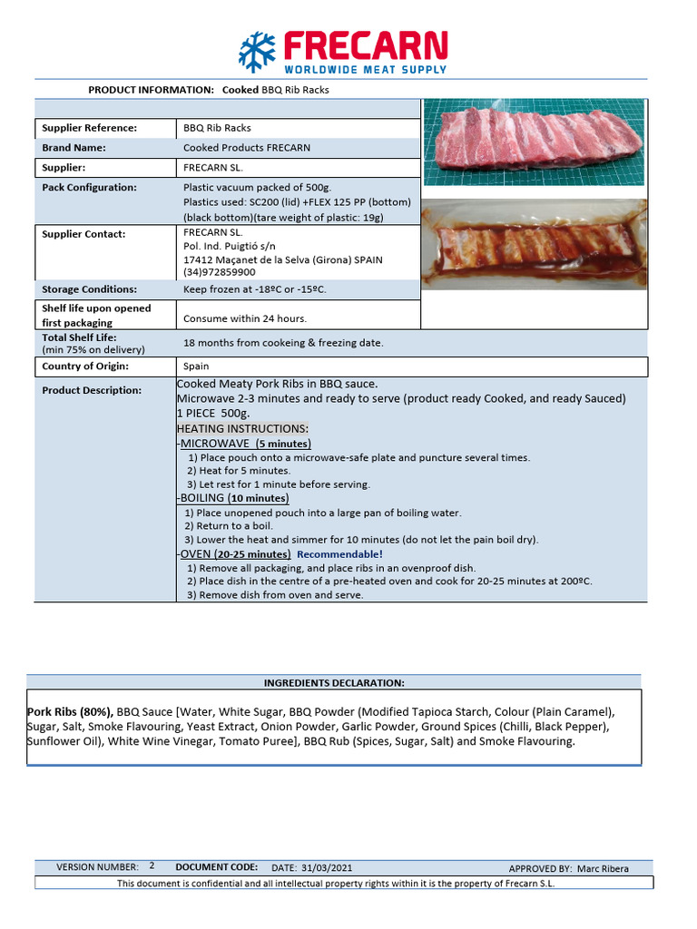 FRECARN - Rack Ribs BBQ 500g Foodservice | PDF | Barbecue | Cooking