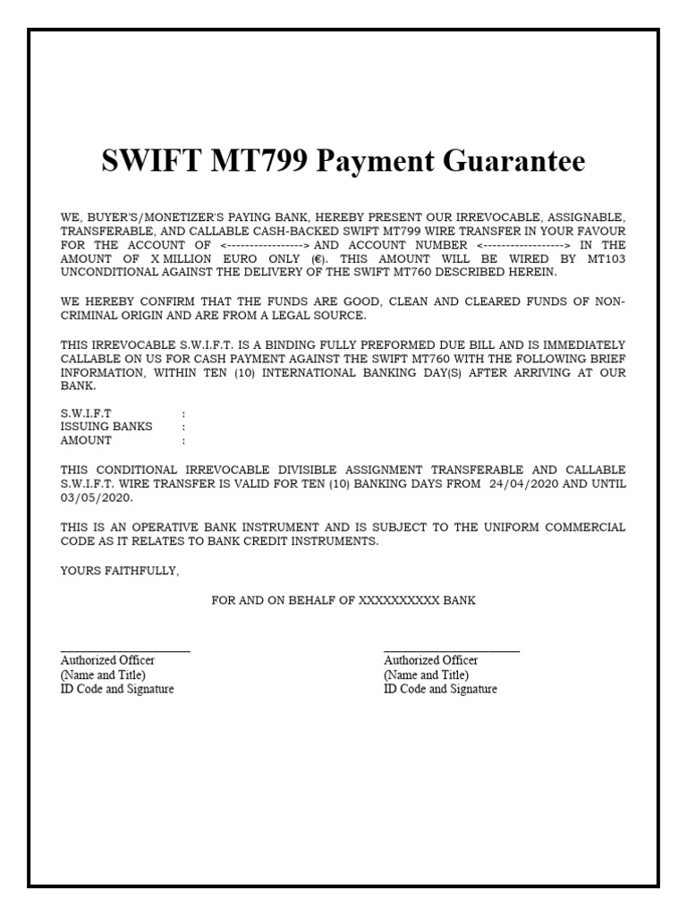 SWIFT MT799 Payment Guarantee BPU | PDF | Finance & Money Management | Law