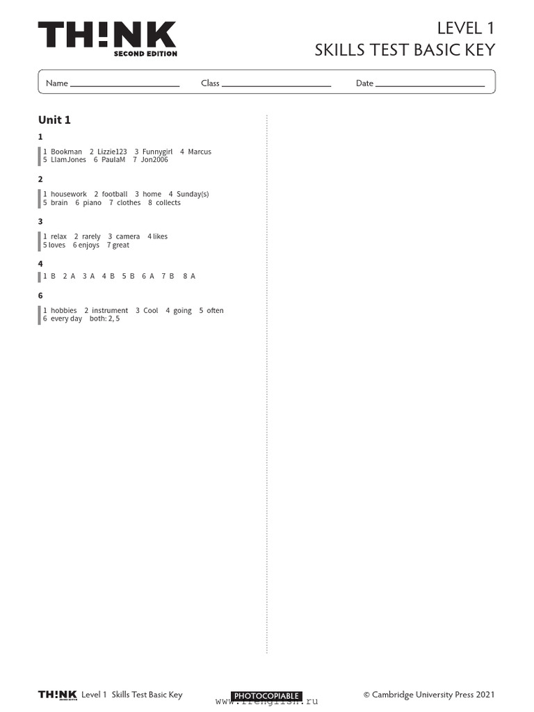 Thk2e BrE L1 Skills Test Basic Answer Key | PDF | Word | Grammar