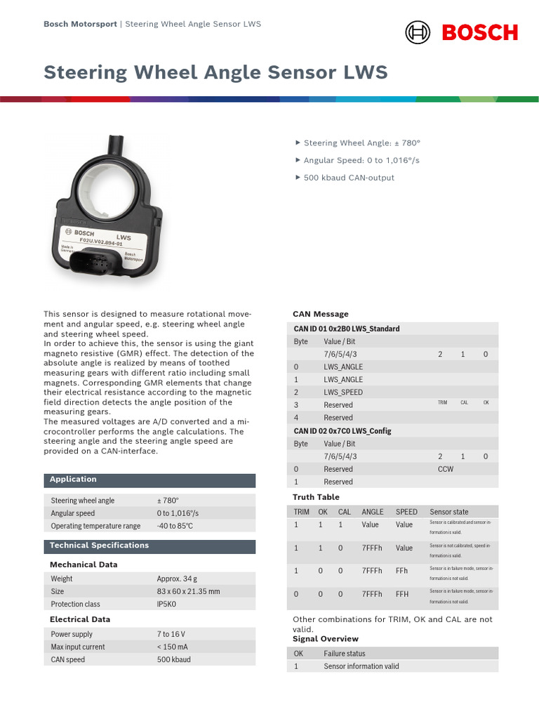 Data Sheet - 191153675 - Steering - Wheel - Angle - Sensor - LWS | PDF | Angle | Sensor