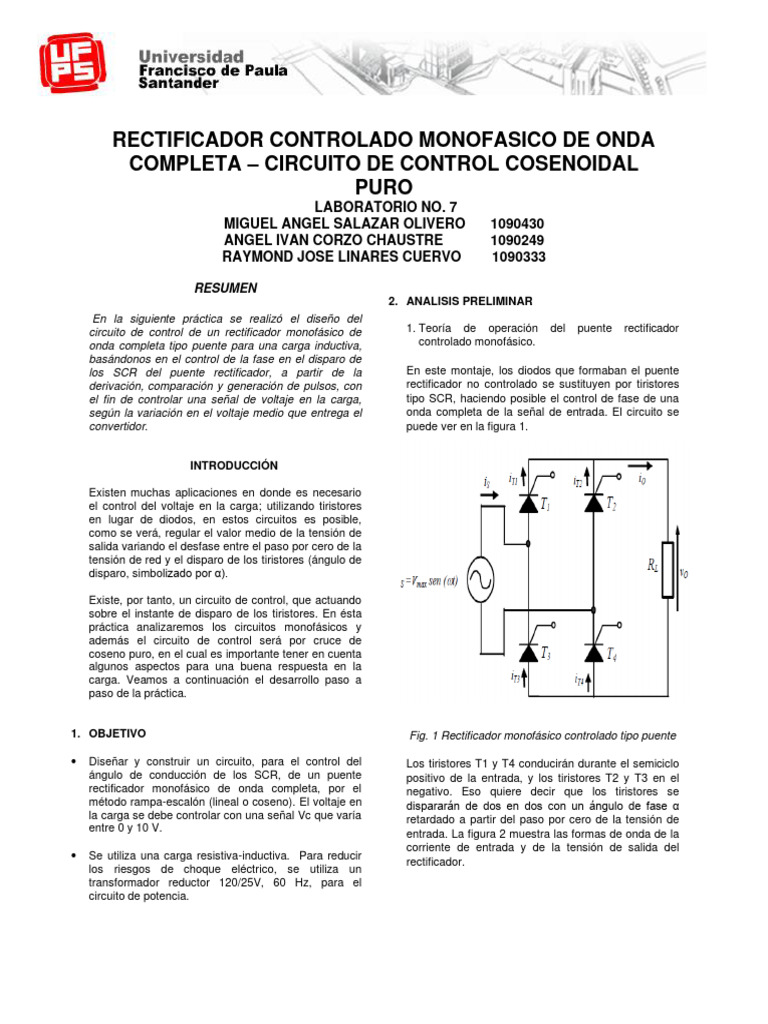 Rectificador Controlado Monofasico de Onda Completa - Circuito de Control Cosenoidal Puro | PDF ...