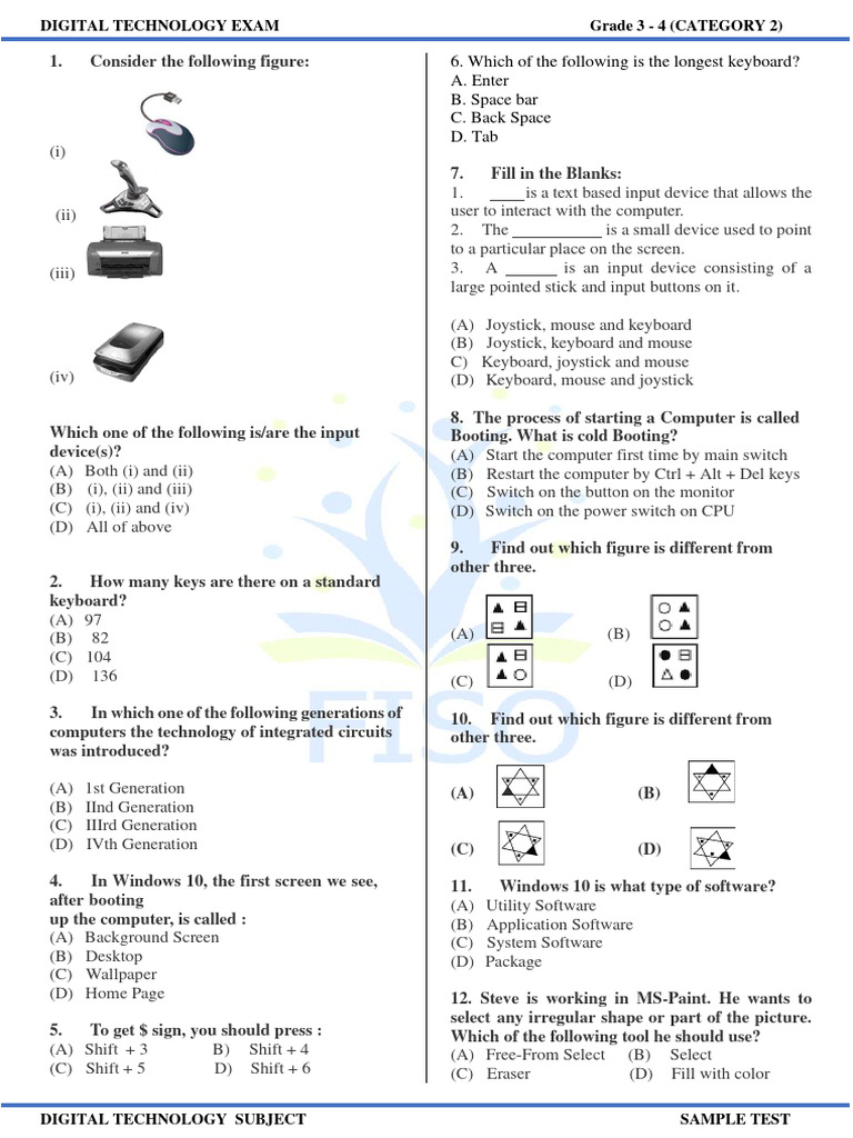 Digital Technology Category 2 3RD 4TH Grades SAMPLE TEST | PDF ...