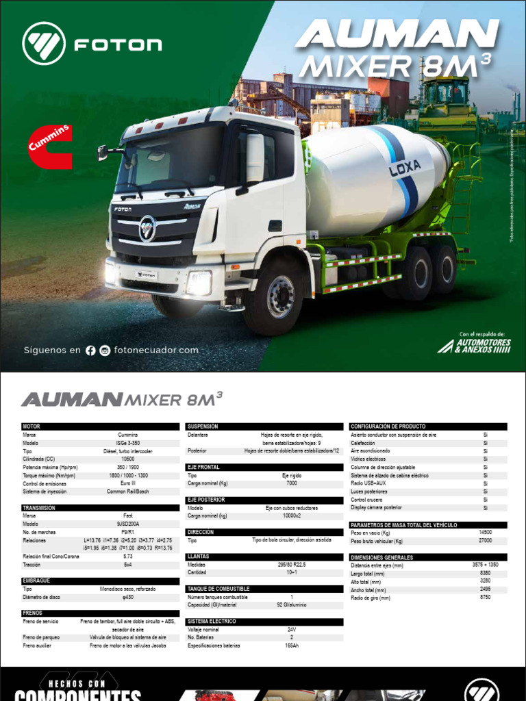 Foton Ficha Tecnica Auman Mixer 2022 | PDF | Eje | Vehículo de motor