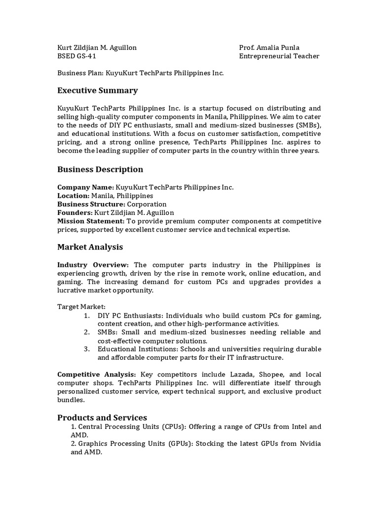 Aguillon Business Plan Proposal | PDF | E Commerce | Supply Chain