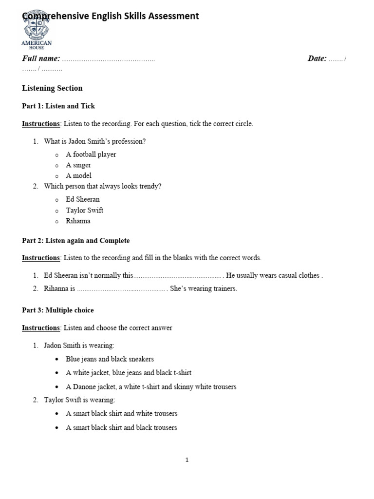 Comprehensive English Skills Assessment | PDF | Rock And Roll | T Shirt