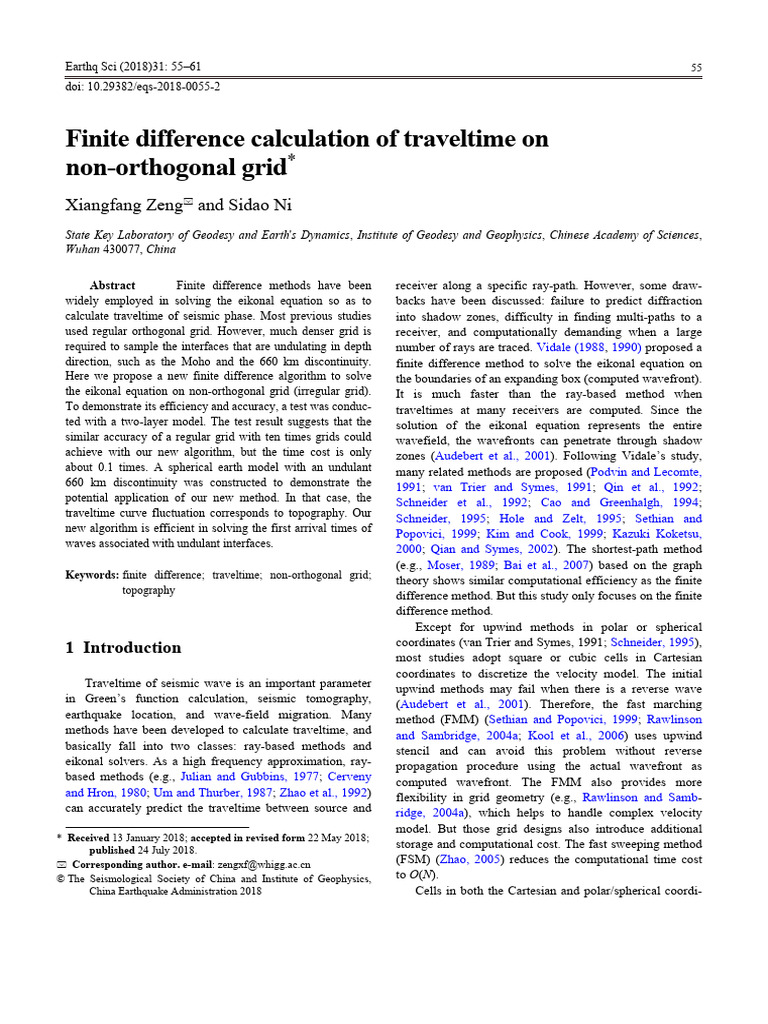 Finite Difference Calculation of Traveltime On Non-Orthogonal Grid | PDF | Waves | Geophysics