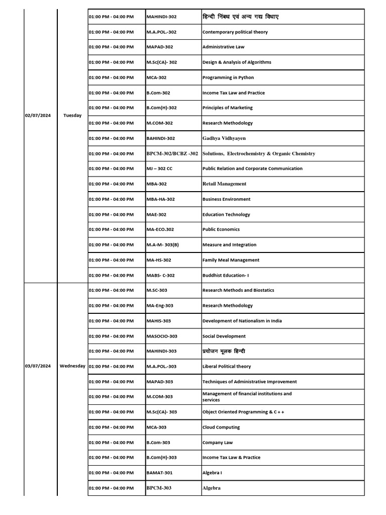 Main Examination Third Semester Date Sheet of Calendar Batch-2024-1-5-2 ...