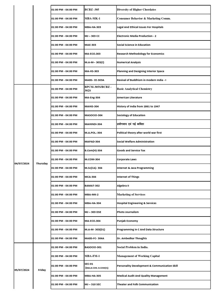 Main Examination Third Semester Date Sheet of Calendar Batch-2024-1-5-3 | PDF | Economies