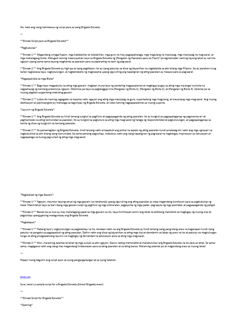 Brigada Emcee Script | PDF