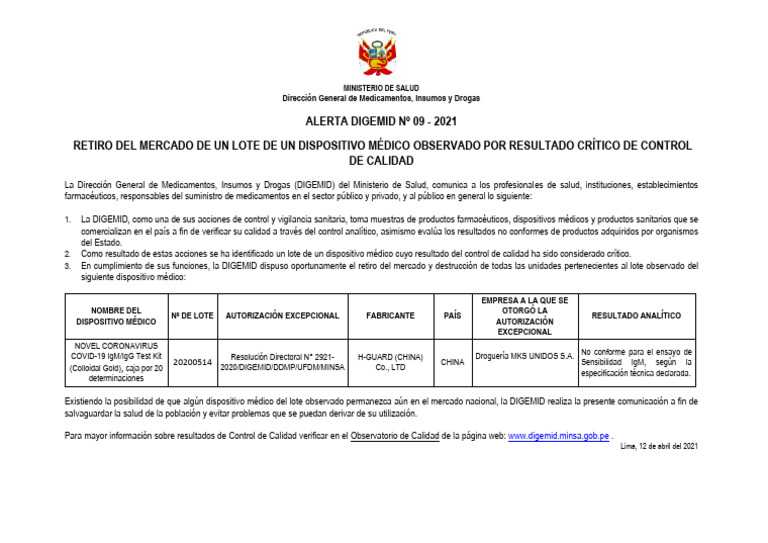 Alerta Digemid N 09 - 2021 | PDF | Dispositivo médico | Farmacéutico