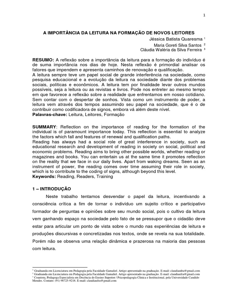 A Importancia Da Leitura Na Formacao de Novos Leitores | PDF ... A Importancia Da Leitura Na Formacao de Novos Leitores | PDF ...