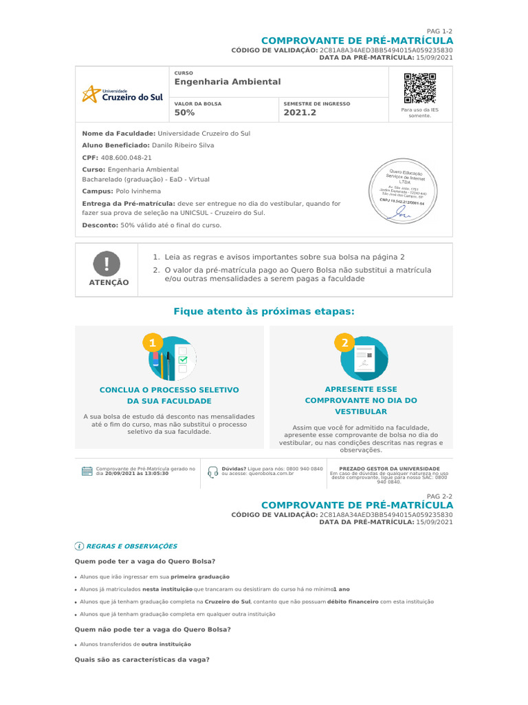 Comprovante Quero Bolsa Danilo | PDF