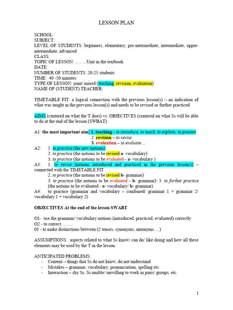 Lesson Plan - Template Cu Explicatii | PDF | Cognition | Learning