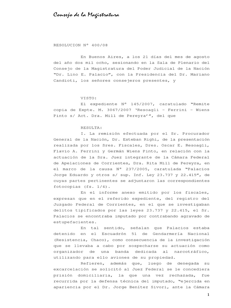 Consejo de La Magistratura, Rita Mill de Pereyra, Benitez Sivori ...