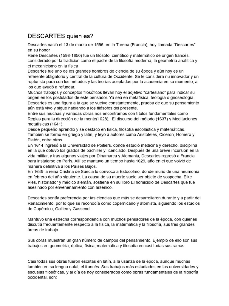 Vida y legado de René Descartes | PDF | René Descartes | Teoría de ...