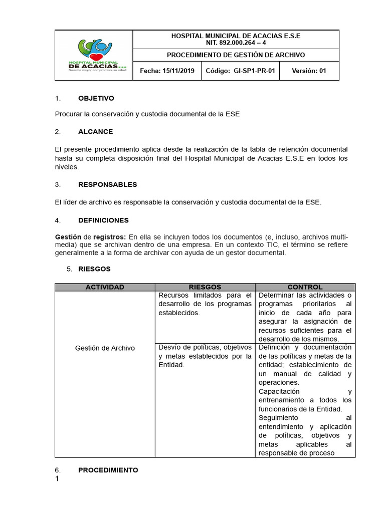 Gisp1pr01 Procedimiento de Gestion de Archivo | PDF | Historial médico | Gestión de registros