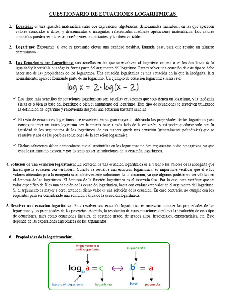 Cuestionario de Ecuaciones Logaritmicas | PDF | Ecuaciones | Logaritmo