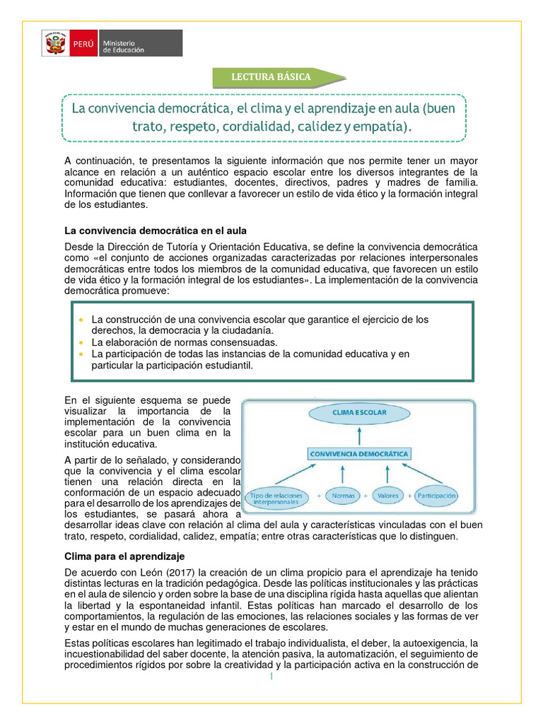 Lectura Básica. La Convivencia Democrática El Clima y El Aprendizaje en ...