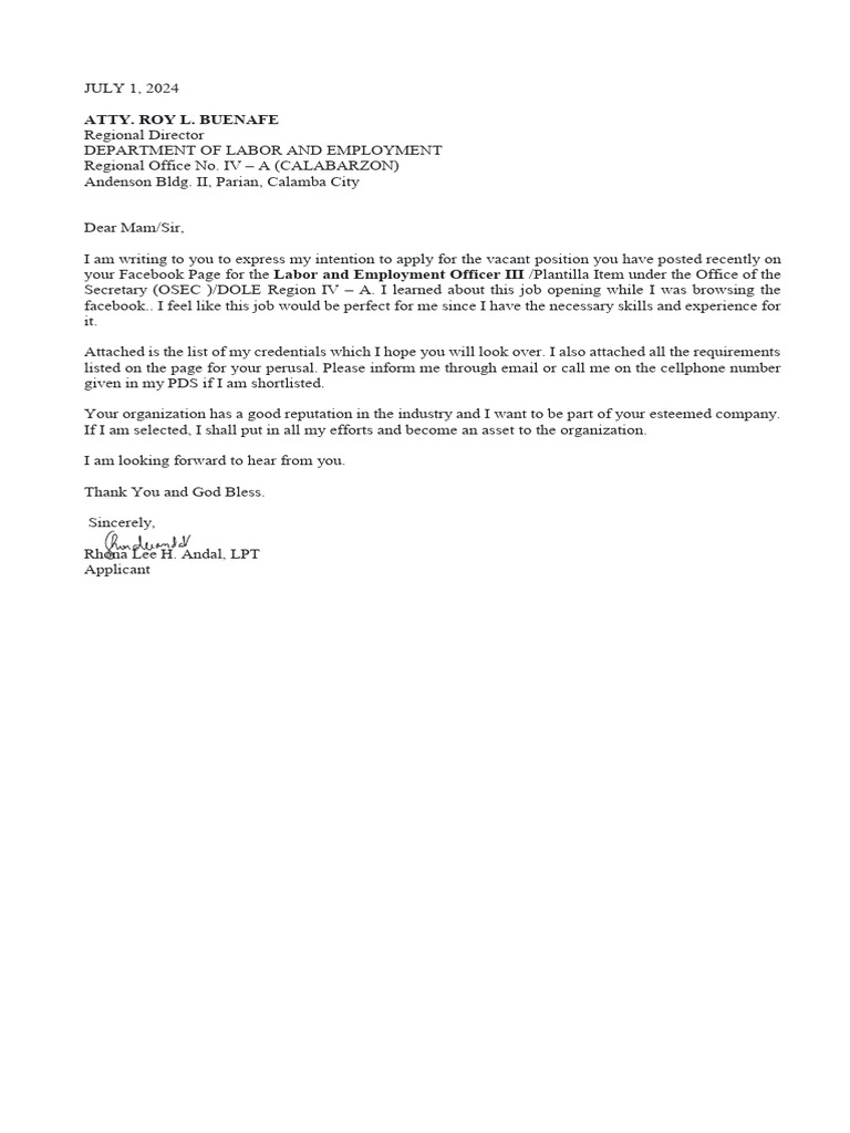 DOLE Application for Labor Officer III | PDF