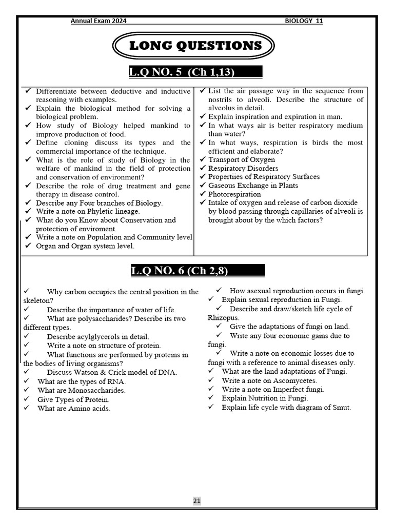 Annual Biology Exam Questions 2024 | PDF | Digestion | Respiratory System