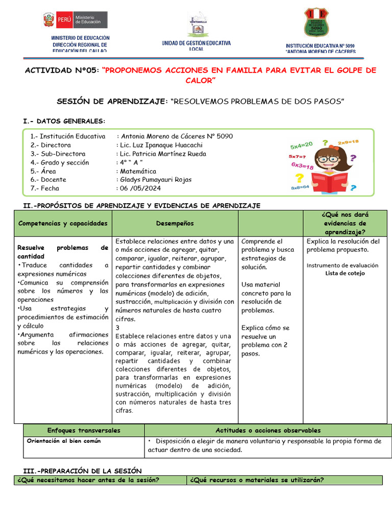 Sesion de Matemática 06 de MAYO PROBLEMAS DE Dos Pasos | PDF ...