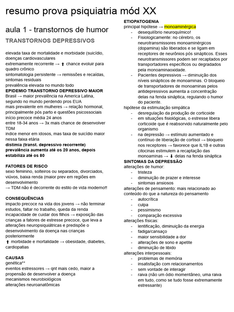 Resumo Prova Psiquiatria Mód XX | PDF | Depressão | Ansiedade