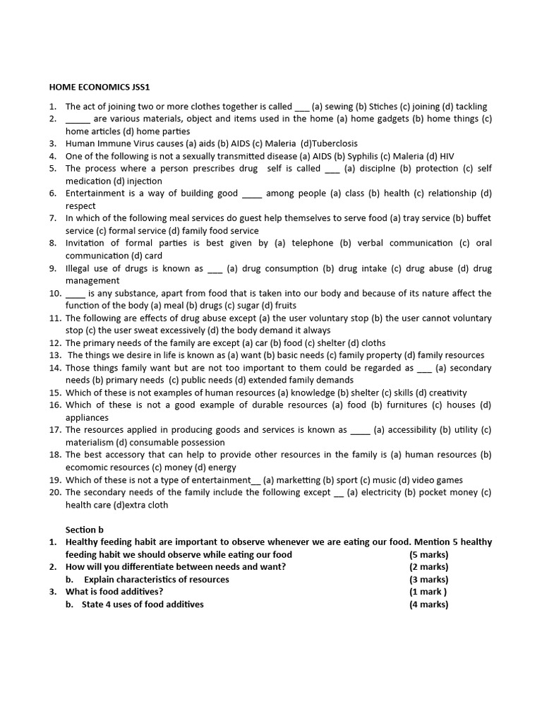 JSS1 Home Economics Exam Questions | PDF | Hiv/Aids | Resource