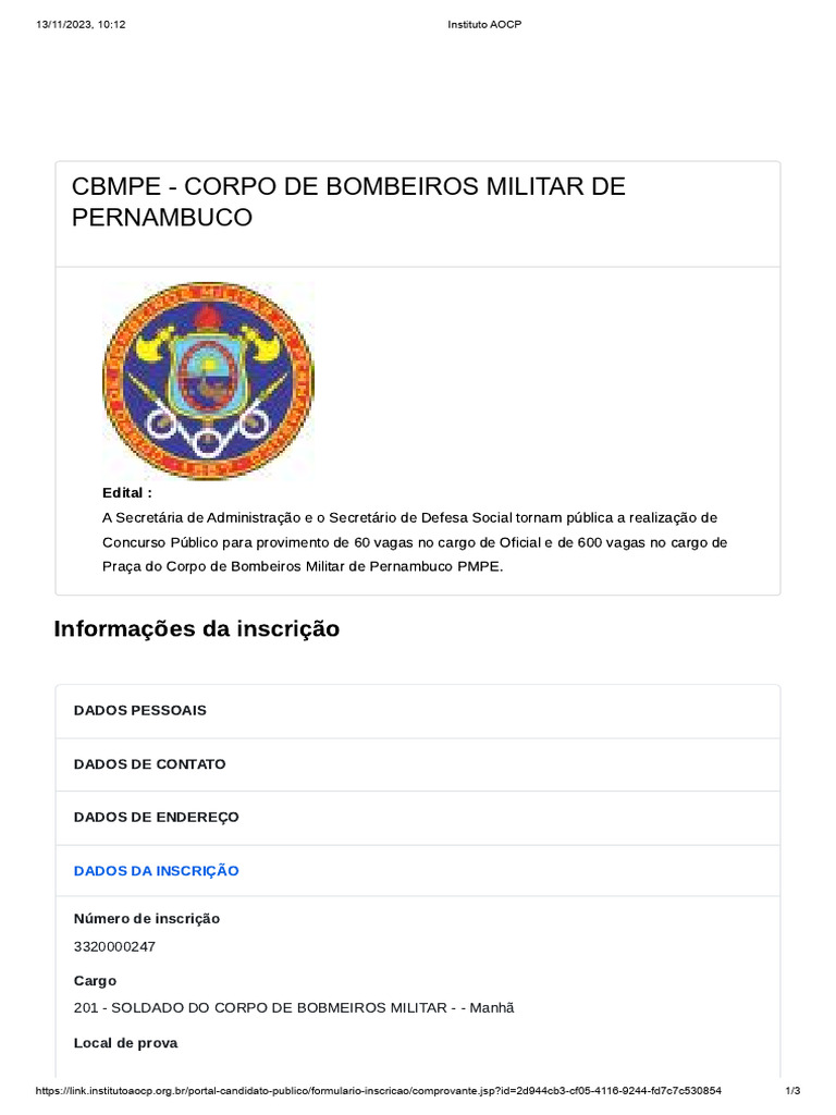 Comprovante de Inscrição CBMPE | PDF
