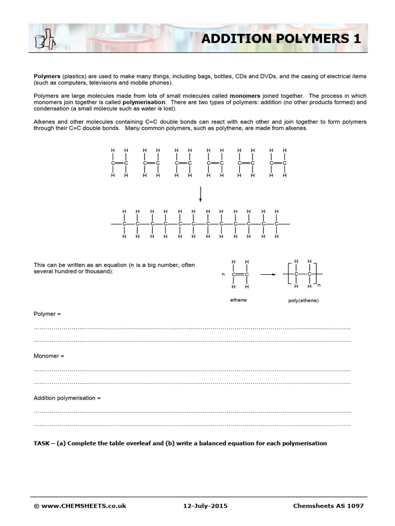 Chemsheets AS 1097 Addition Polymers 1 | PDF | Polymerization | Polymers